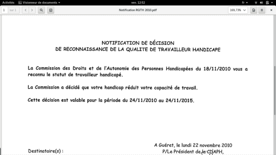 Attestation reconnaissance de la qualité de travailleur handicapé ...